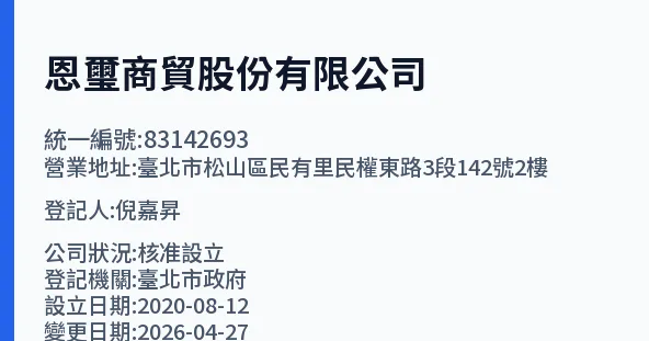 恩璽商貿股份有限公司的照片-統編 83142693(臺北市) 公司登記資料與營業項目詳細圖表