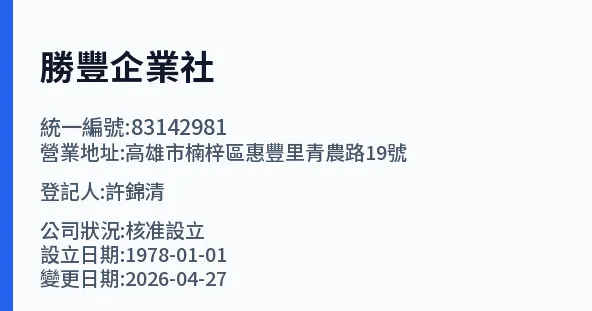 勝豐企業社的照片-統編 83142981(高雄市) 公司登記資料與營業項目詳細圖表