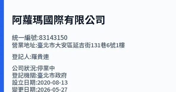 阿蘿瑪國際有限公司的照片-統編 83143150(臺北市) 公司登記資料與營業項目詳細圖表