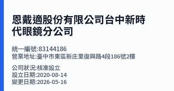 恩戴適股份有限公司台中新時代眼鏡分公司的照片-統編 83144186(臺中市) 公司登記資料與營業項目詳細圖表