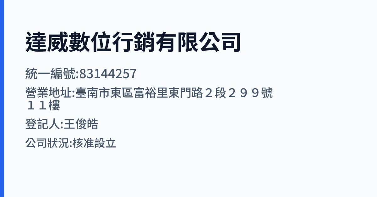 達威數位行銷有限公司 - 統編 83144257(臺北市) 公司登記資料與營業項目詳細圖表
