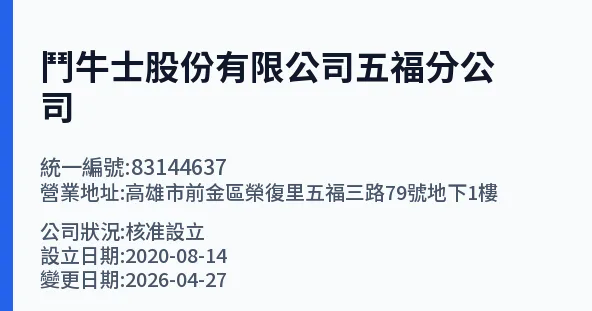 鬥牛士股份有限公司五福分公司的照片-統編 83144637(高雄市) 公司登記資料與營業項目詳細圖表