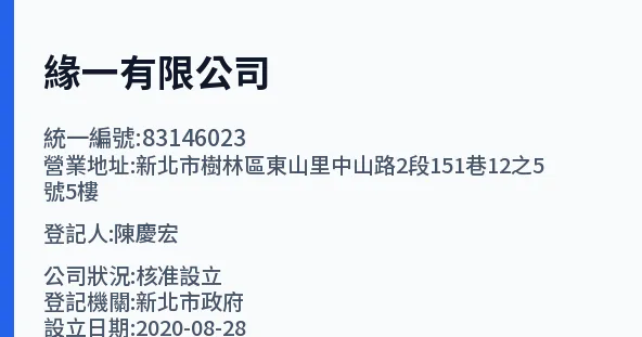 緣一有限公司的照片-統編 83146023(新北市) 公司登記資料與營業項目詳細圖表