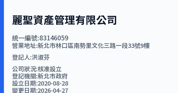 麗聖資產管理有限公司的照片-統編 83146059(新北市) 公司登記資料與營業項目詳細圖表