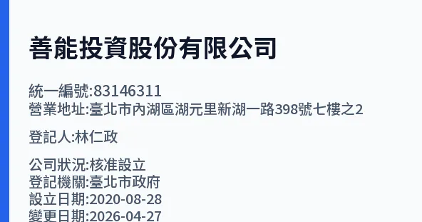 善能投資股份有限公司的照片-統編 83146311(臺北市) 公司登記資料與營業項目詳細圖表