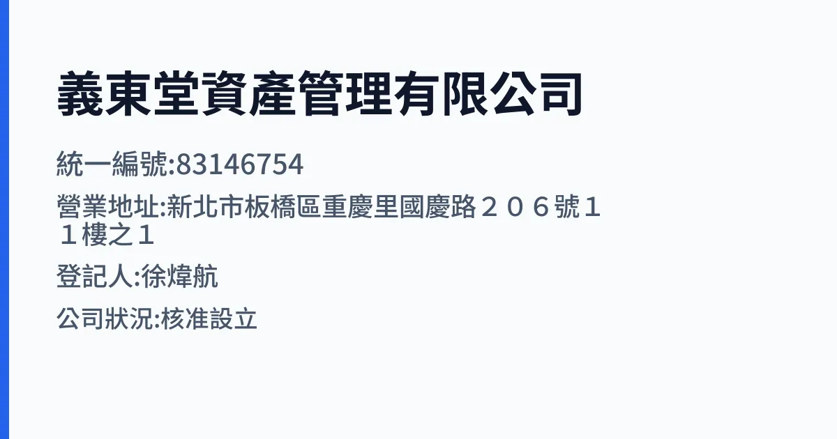 義東堂資產管理有限公司 - 統編 83146754(新北市) 公司登記資料與營業項目詳細圖表