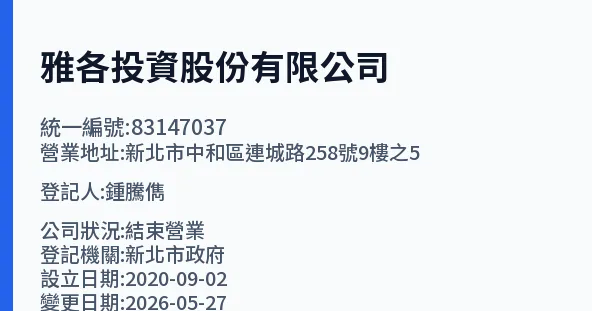 雅各投資股份有限公司的照片-統編 83147037(新北市) 公司登記資料與營業項目詳細圖表