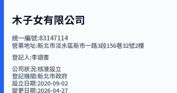 木子女有限公司的照片-統編 83147114(新北市) 公司登記資料與營業項目詳細圖表