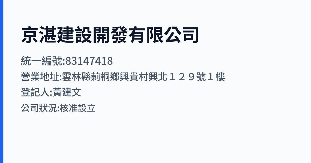 京湛建設開發有限公司 - 統編 83147418(雲林縣) 公司登記資料與營業項目詳細圖表