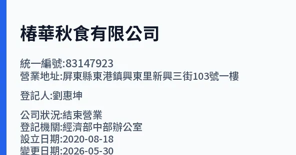 椿華秋食有限公司的照片-統編 83147923(屏東縣) 公司登記資料與營業項目詳細圖表