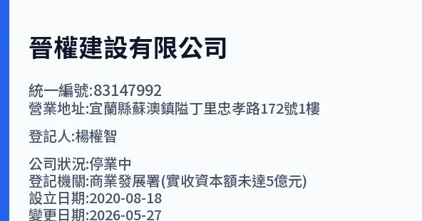 晉權建設有限公司的照片-統編 83147992(宜蘭縣) 公司登記資料與營業項目詳細圖表