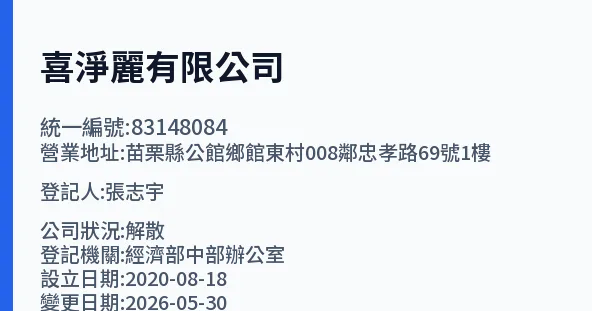 喜淨麗有限公司的照片-統編 83148084(苗栗縣) 公司登記資料與營業項目詳細圖表