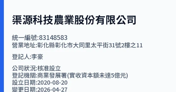 渠源科技農業股份有限公司的照片-統編 83148583(彰化縣) 公司登記資料與營業項目詳細圖表