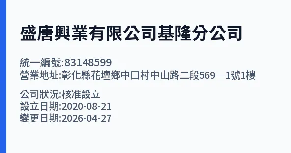 盛唐興業有限公司基隆分公司的照片-統編 83148599(彰化縣) 公司登記資料與營業項目詳細圖表