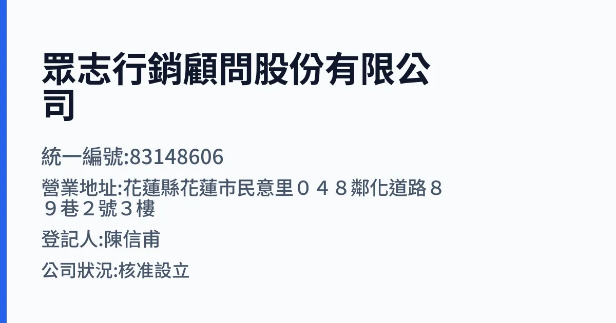 眾志行銷顧問股份有限公司 - 統編 83148606(花蓮縣) 公司登記資料與營業項目詳細圖表
