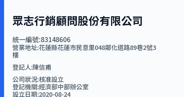 眾志行銷顧問股份有限公司的照片-統編 83148606(花蓮縣) 公司登記資料與營業項目詳細圖表