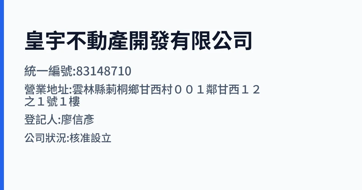 皇宇不動產開發有限公司 - 統編 83148710(雲林縣) 公司登記資料與營業項目詳細圖表
