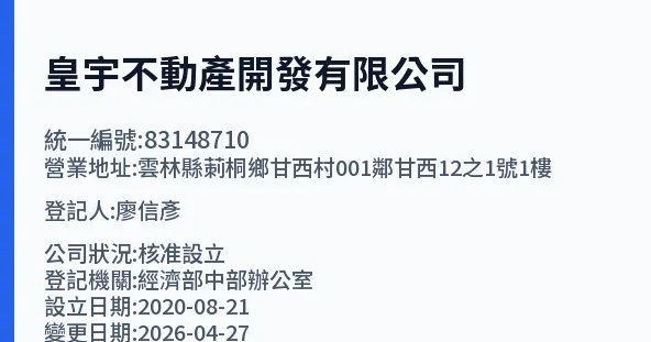 皇宇不動產開發有限公司的照片-統編 83148710(雲林縣) 公司登記資料與營業項目詳細圖表