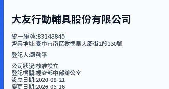 大友行動輔具股份有限公司的照片-統編 83148845(臺中市) 公司登記資料與營業項目詳細圖表