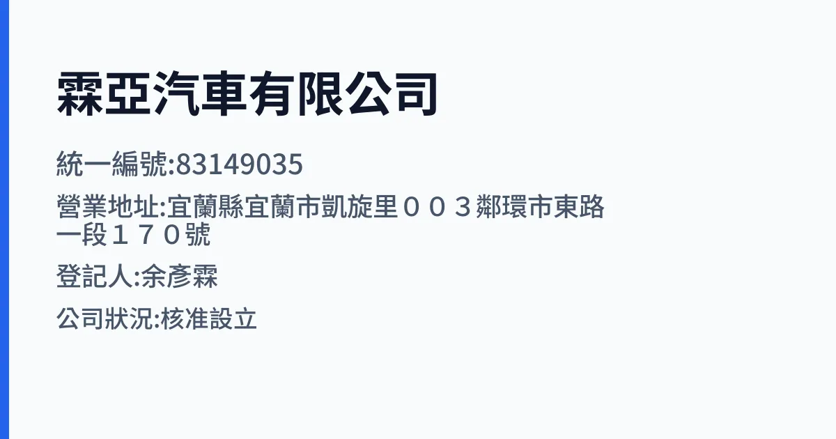 霖亞汽車有限公司 - 統編 83149035(宜蘭縣) 公司登記資料與營業項目詳細圖表