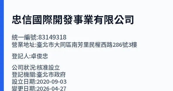 忠信國際開發事業有限公司的照片-統編 83149318(臺北市) 公司登記資料與營業項目詳細圖表
