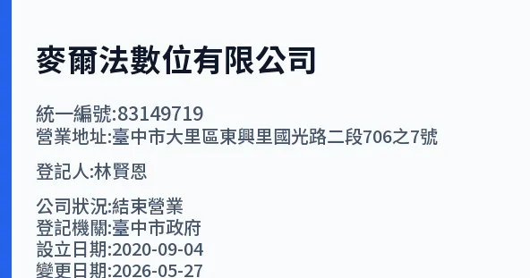 麥爾法數位有限公司的照片-統編 83149719(臺中市) 公司登記資料與營業項目詳細圖表