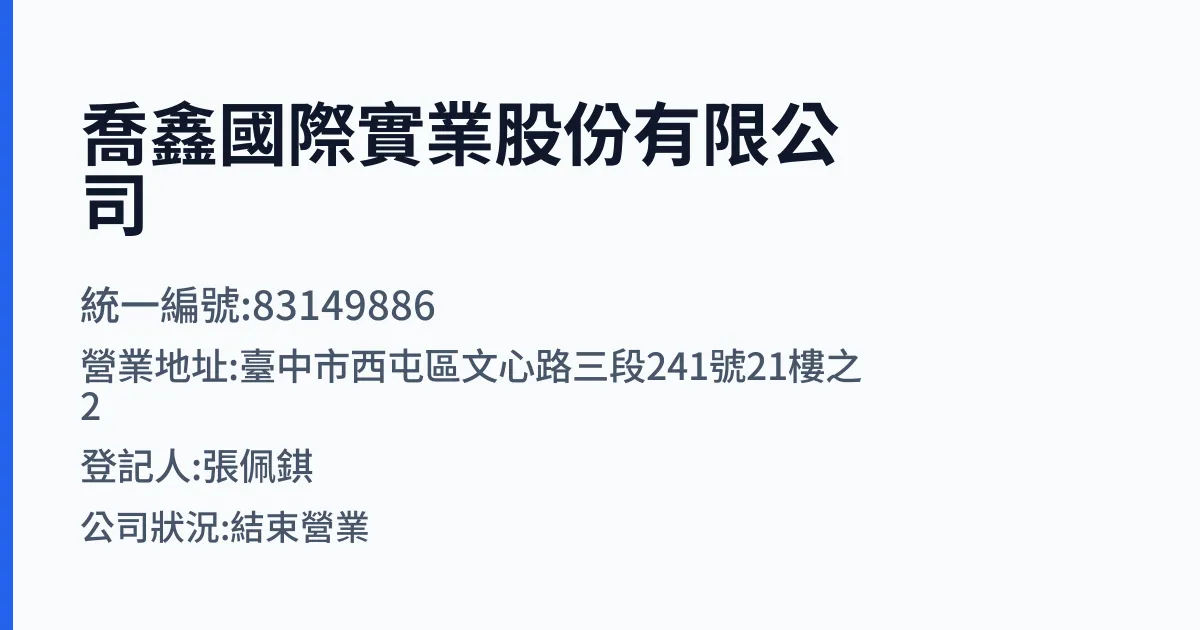 喬鑫國際實業股份有限公司 - 統編 83149886(臺中市) 公司登記資料與營業項目詳細圖表