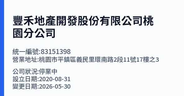豐禾地產開發股份有限公司桃園分公司的照片-統編 83151398(桃園市) 公司登記資料與營業項目詳細圖表