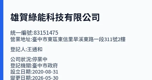 雄賀綠能科技有限公司的照片-統編 83151475(臺中市) 公司登記資料與營業項目詳細圖表