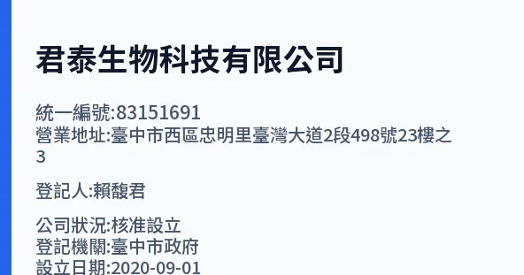 君泰生物科技有限公司的照片-統編 83151691(臺中市) 公司登記資料與營業項目詳細圖表