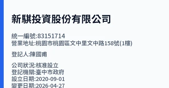 新騏投資股份有限公司的照片-統編 83151714(桃園市) 公司登記資料與營業項目詳細圖表