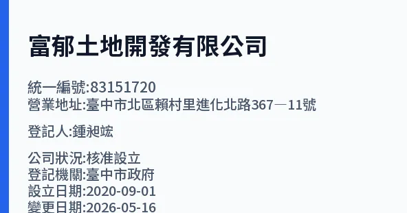 富郁土地開發有限公司的照片-統編 83151720(臺中市) 公司登記資料與營業項目詳細圖表