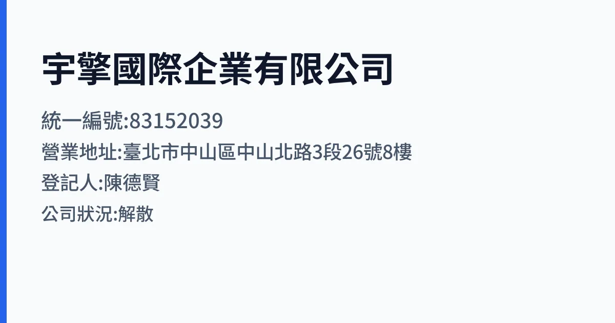 宇擎國際企業有限公司 - 統編 83152039(臺北市) 公司登記資料與營業項目詳細圖表