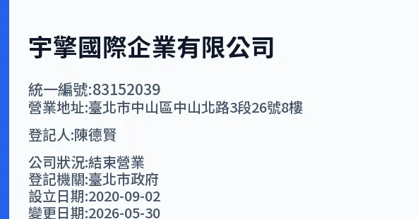 宇擎國際企業有限公司的照片-統編 83152039(臺北市) 公司登記資料與營業項目詳細圖表