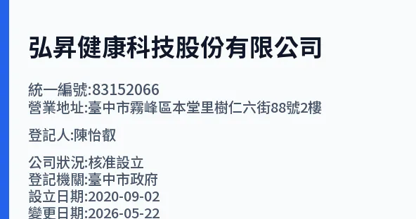 弘昇健康科技股份有限公司的照片-統編 83152066(臺中市) 公司登記資料與營業項目詳細圖表