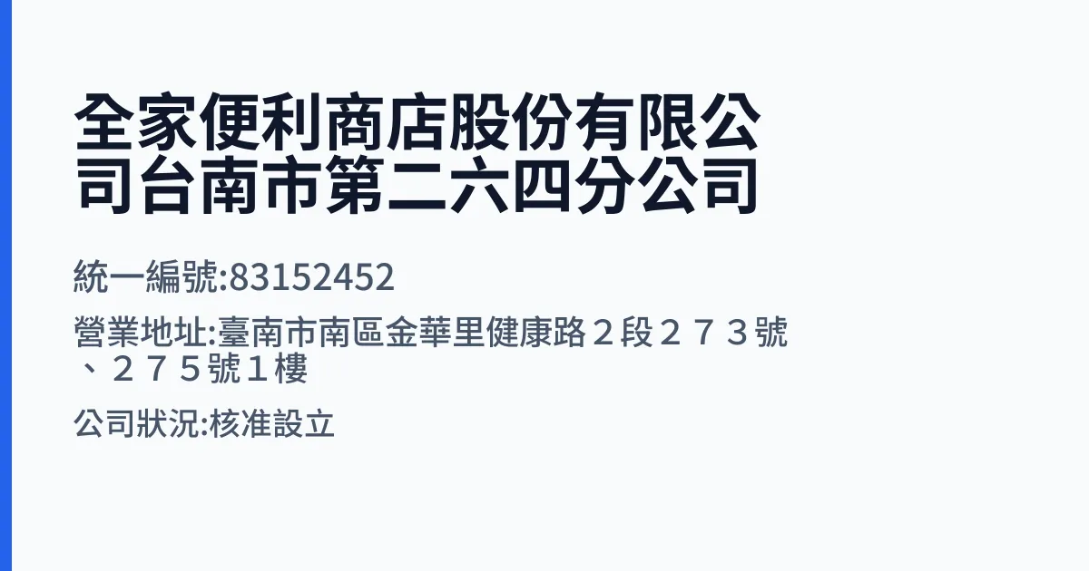 全家便利商店股份有限公司台南市第二六四分公司 - 統編 83152452（臺南市） 公司登記資料與營業項目詳細圖表
