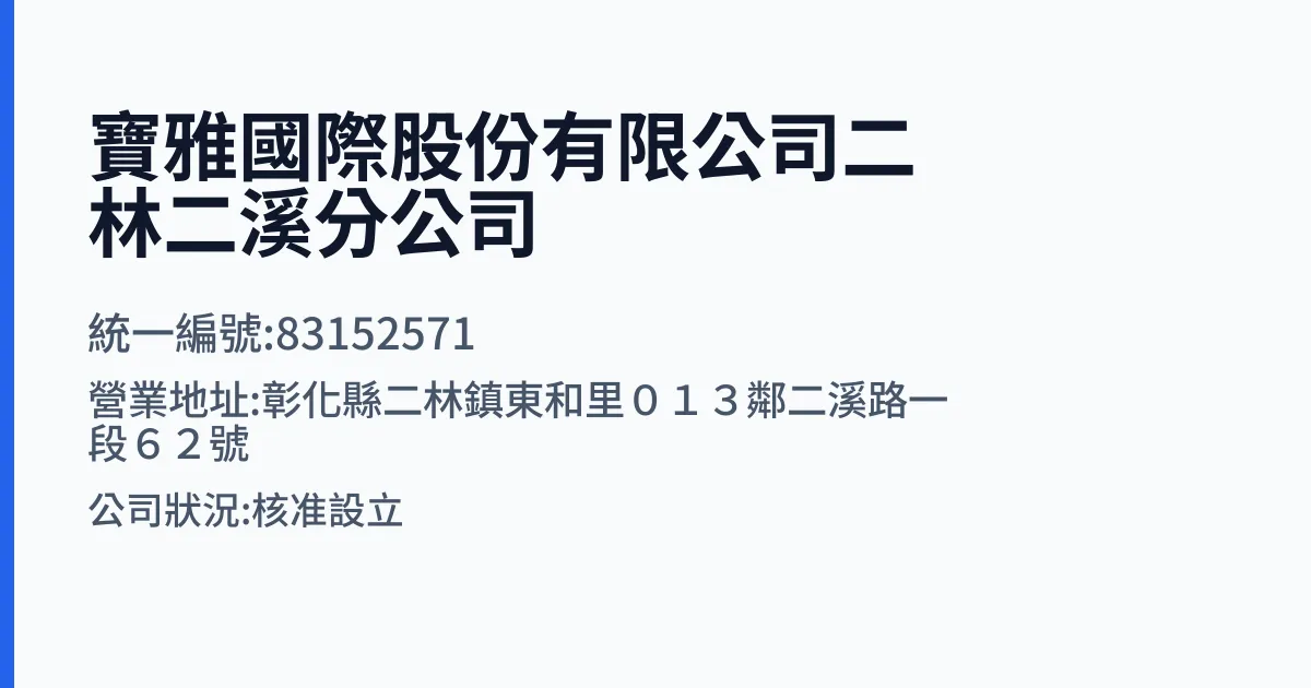寶雅國際股份有限公司二林二溪分公司 - 統編 83152571(彰化縣) 公司登記資料與營業項目詳細圖表