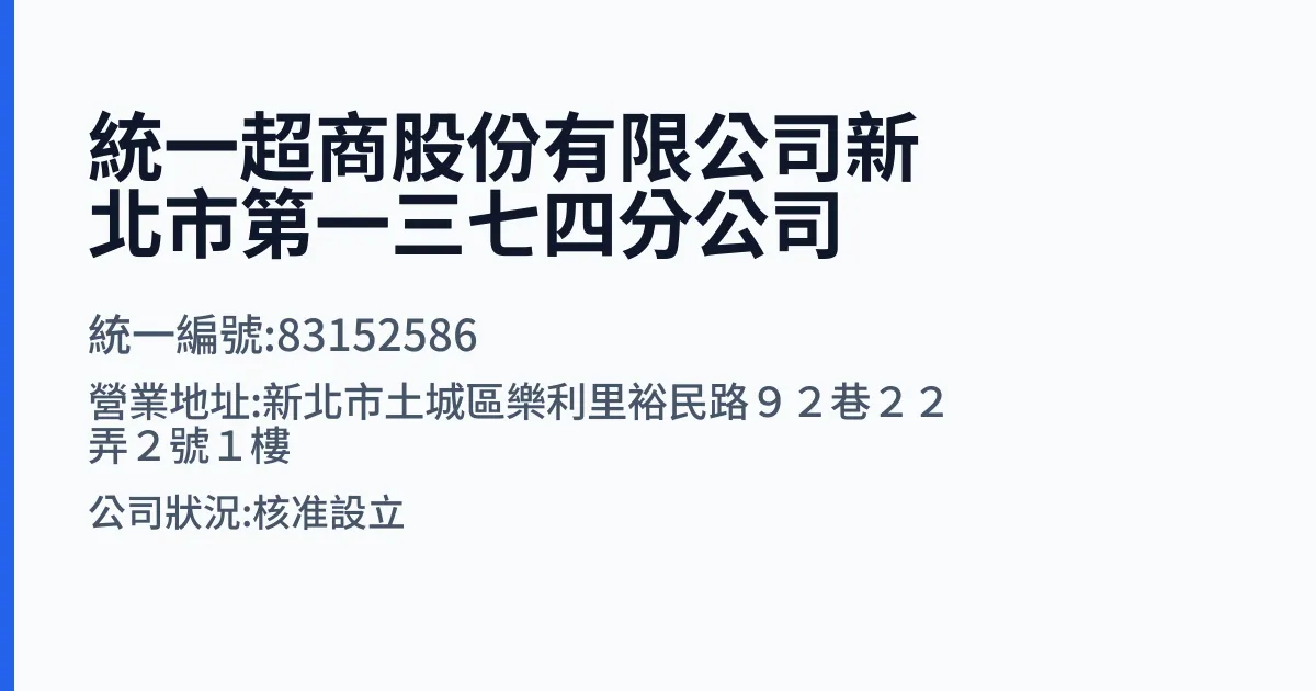 統一超商股份有限公司新北市第一三七四分公司 - 統編 83152586(新北市) 公司登記資料與營業項目詳細圖表