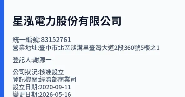 星泓電力股份有限公司的照片-統編 83152761(臺中市) 公司登記資料與營業項目詳細圖表