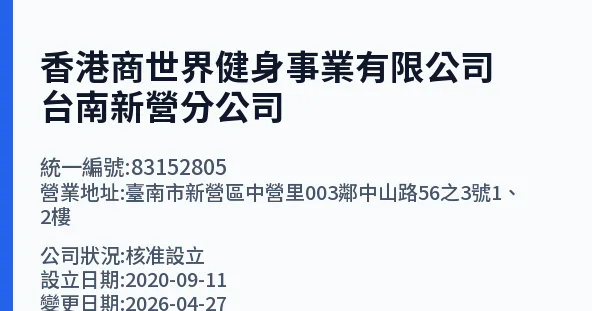 香港商世界健身事業有限公司台南新營分公司的照片-統編 83152805(臺南市) 公司登記資料與營業項目詳細圖表