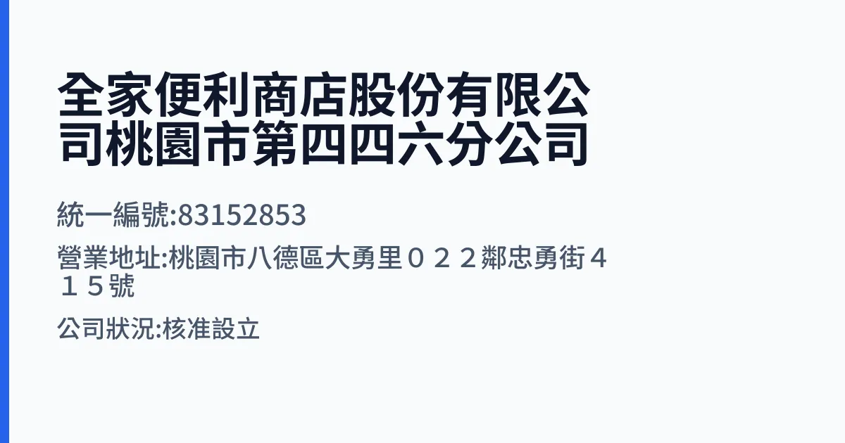 全家便利商店股份有限公司桃園市第四四六分公司 - 統編 83152853(桃園市) 公司登記資料與營業項目詳細圖表