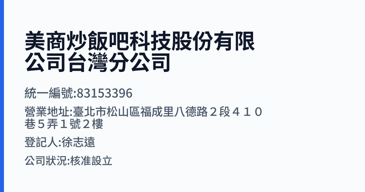 美商炒飯吧科技股份有限公司台灣分公司 - 統編 83153396(臺北市) 公司登記資料與營業項目詳細圖表