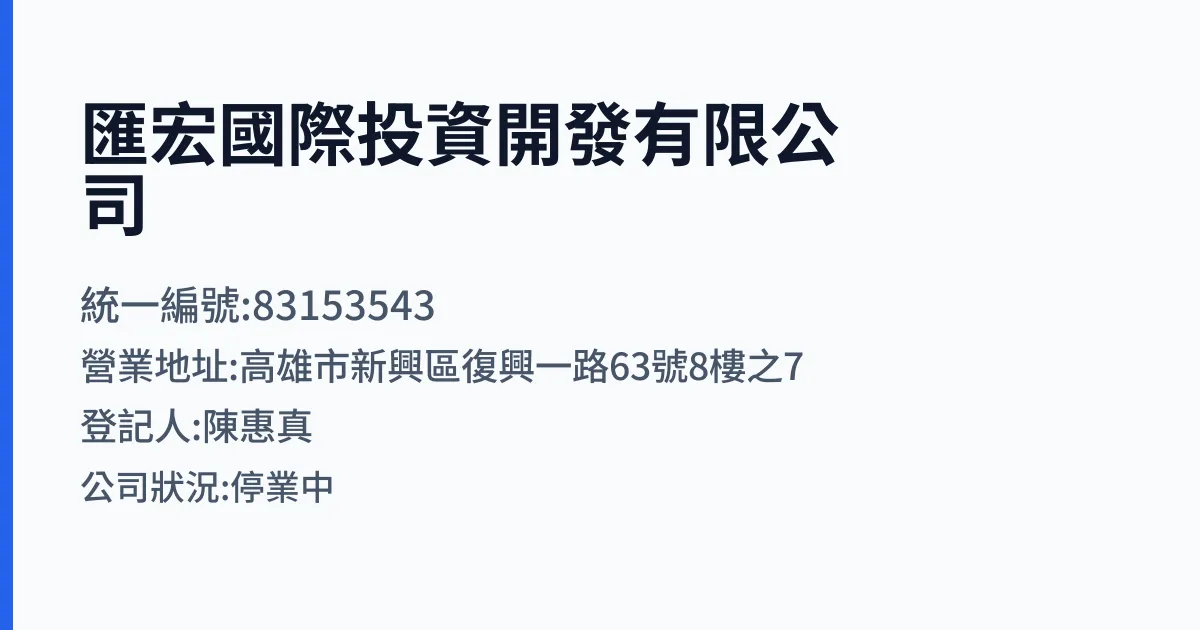 匯宏國際投資開發有限公司 - 統編 83153543(高雄市) 公司登記資料與營業項目詳細圖表