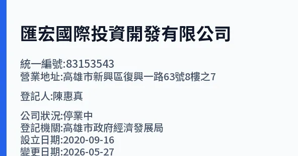 匯宏國際投資開發有限公司的照片-統編 83153543(高雄市) 公司登記資料與營業項目詳細圖表