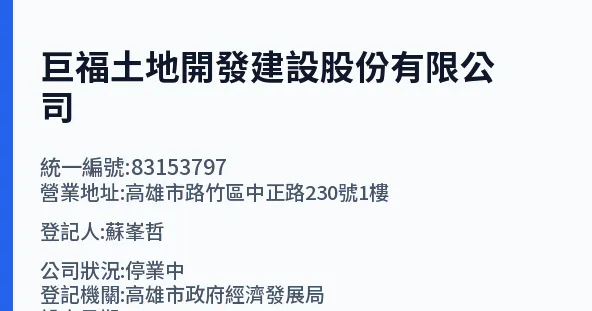 巨福土地開發建設股份有限公司的照片-統編 83153797(高雄市) 公司登記資料與營業項目詳細圖表