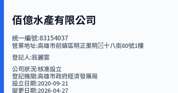 佰億水產有限公司的照片-統編 83154037(高雄市) 公司登記資料與營業項目詳細圖表