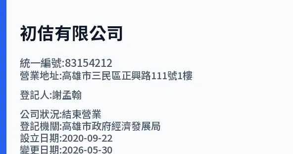初佶有限公司的照片-統編 83154212(高雄市) 公司登記資料與營業項目詳細圖表