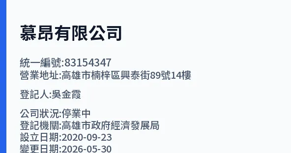 慕昂有限公司的照片-統編 83154347(高雄市) 公司登記資料與營業項目詳細圖表