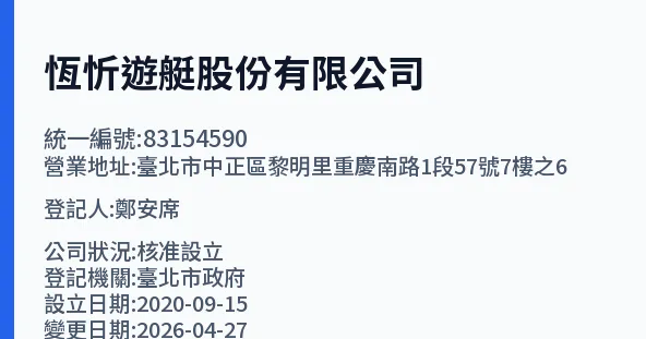 恆忻遊艇股份有限公司的照片-統編 83154590(臺北市) 公司登記資料與營業項目詳細圖表