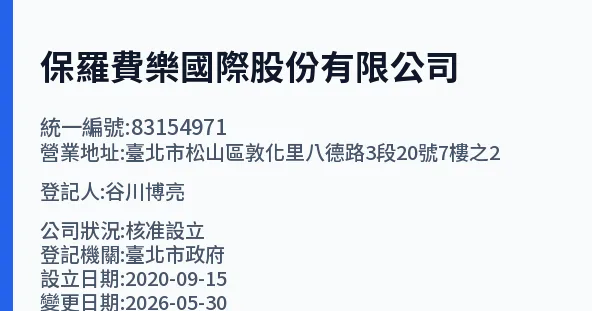 保羅費樂國際股份有限公司的照片-統編 83154971(臺北市) 公司登記資料與營業項目詳細圖表